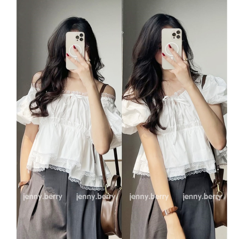 Arin Top - Áo kiểu nữ babydoll trễ vai phối voan bèo tầng áo ống nữ xinh | Shopee Việt Nam