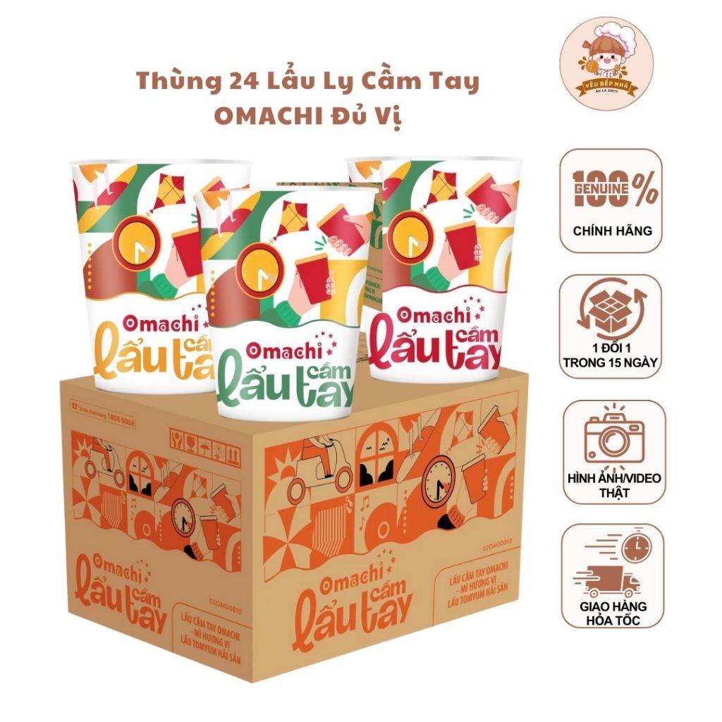 Thùng 24 lẩu ly cầm tay OMACHI hải sản/nghiêu nấm rong biển/tôm hùm phô ...