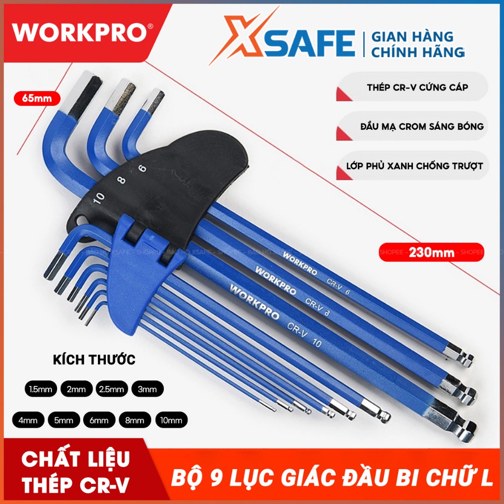 Bộ lục giác đầu bi kiểu L Workpro - WP222011, 9 cái hệ mét (1.5,2,2.5,3,4,5,6,8,10mm) thép CR-V ...