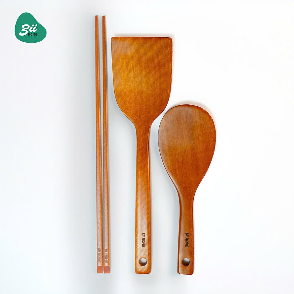 Dụng cụ nhà bếp 3II HOME Combo bộ 3 Vá xới cơm, Xạn xào Đũa nấu ăn gỗ ...