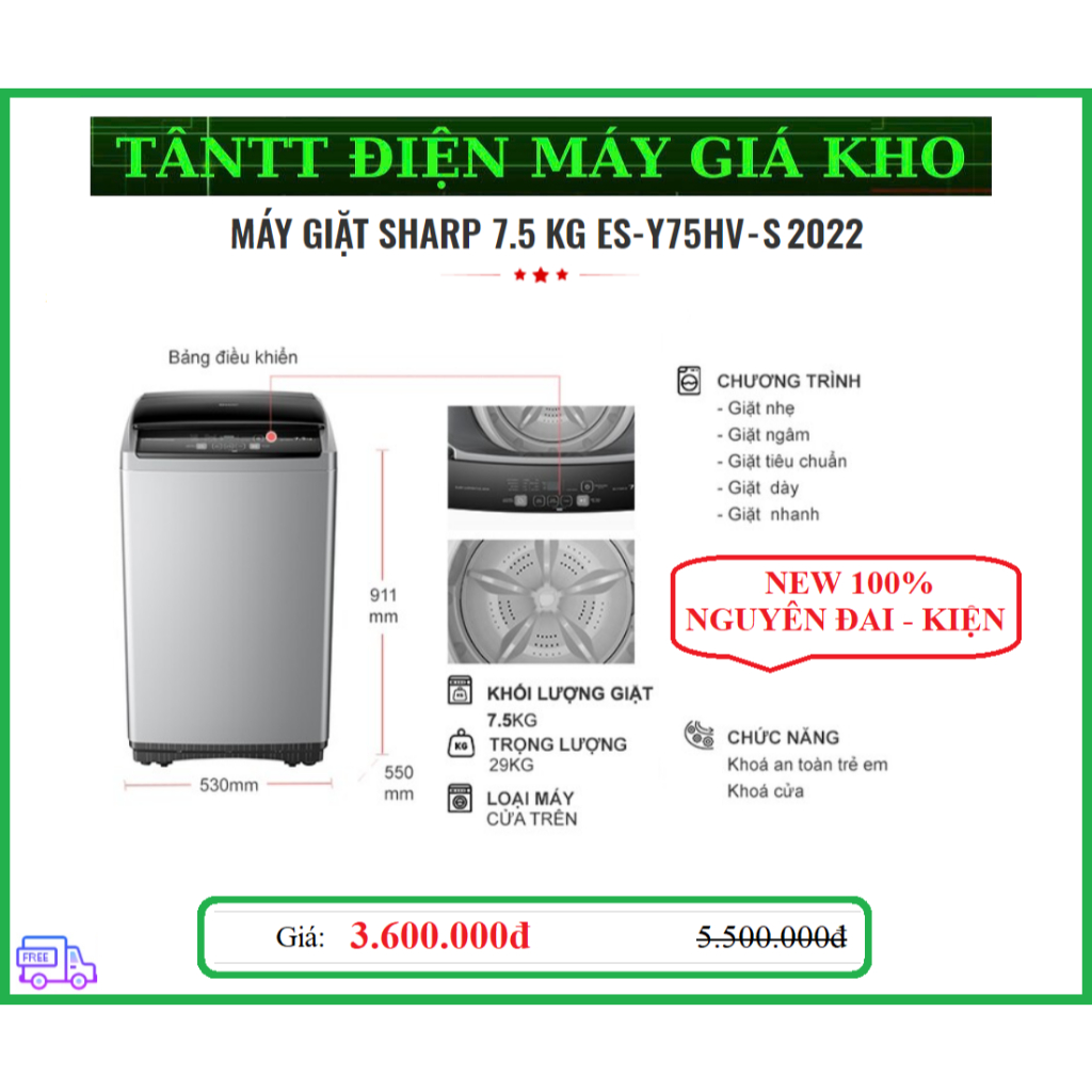 MÁY GIẶT SHARP 7.5 KG ES-Y75HV-S 2022 | Shopee Việt Nam