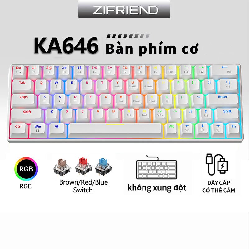 Bàn Phím Cơ ZIFRIEND KA646 - 11 hiệu ứng ánh sáng LED RGB , Switch Red ...