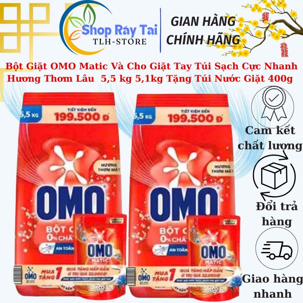Bột Giặt OMO Matic Và Cho Giặt Tay Túi Sạch Cực Nhanh Hương Thơm Lâu 5,5 kg 5,1kg Tặng Túi Nước ...