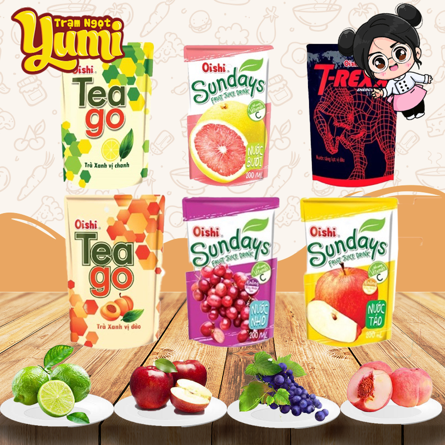 Nước giải khát trái cây Oshi Tea Go, Sunday, T-Rex vị chanh, đào, táo ...