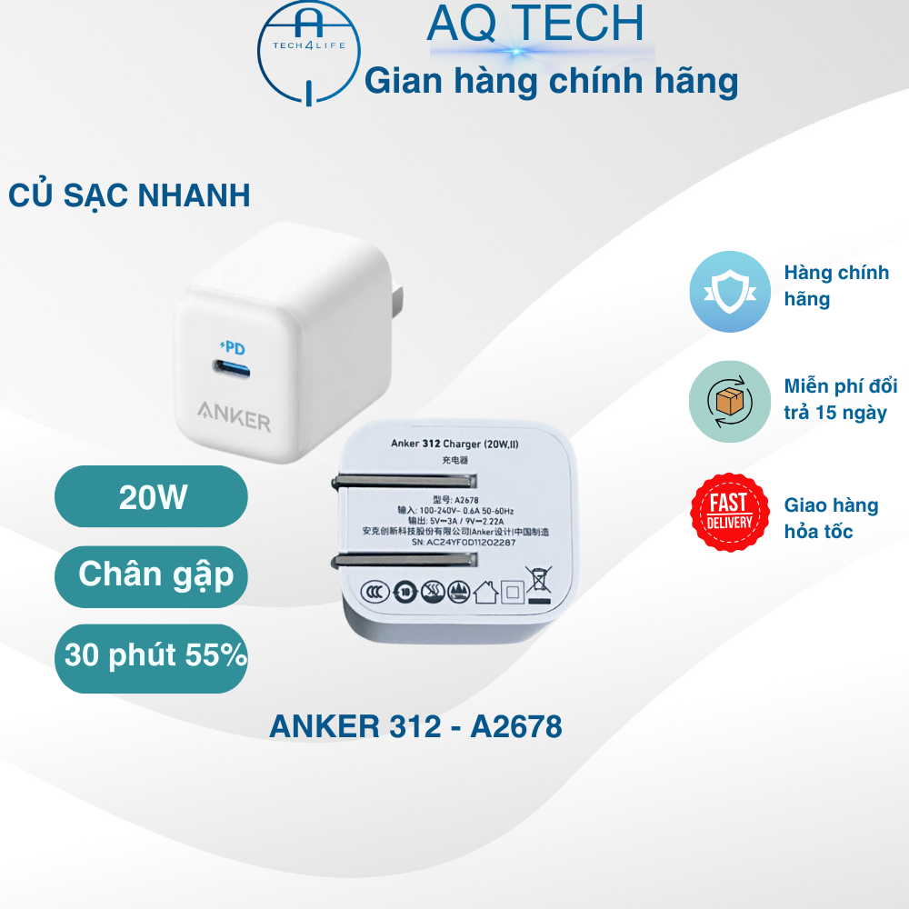 Củ sạc nhanh 20W ANKER 312 - A2678, chân gập, nhỏ gọn 1 cổng USB-C, cốc ...