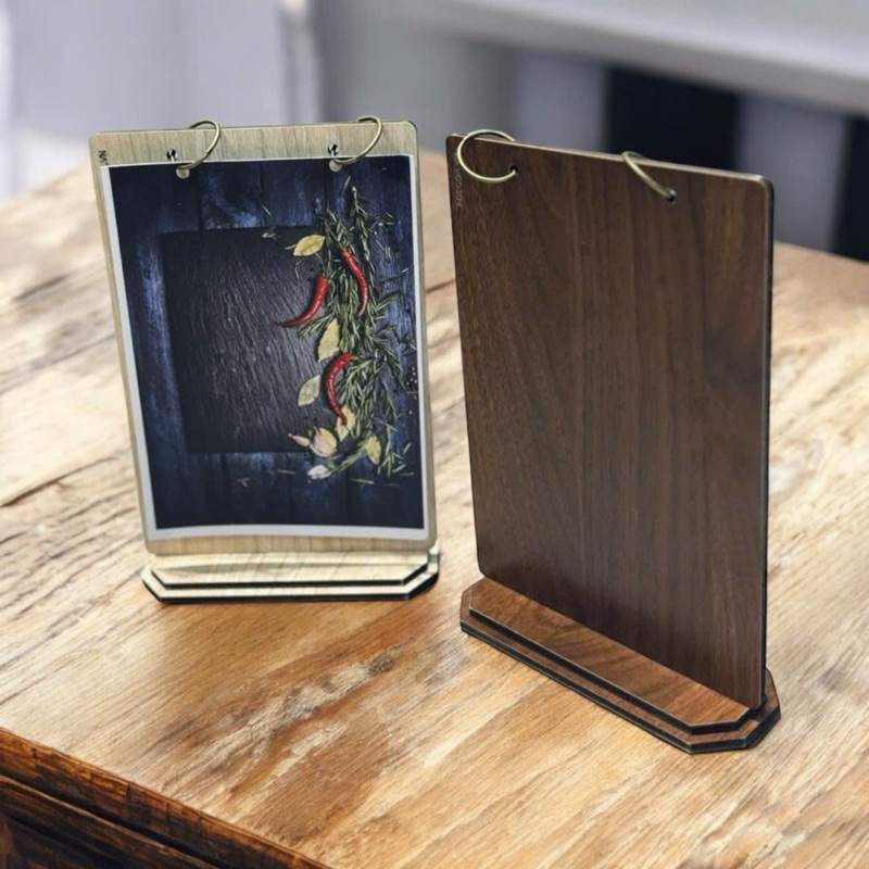 Menu gỗ size A4/A5 có khoen tròn kẹp nhiều tờ cho Quán cafe, Nhà hàng ...