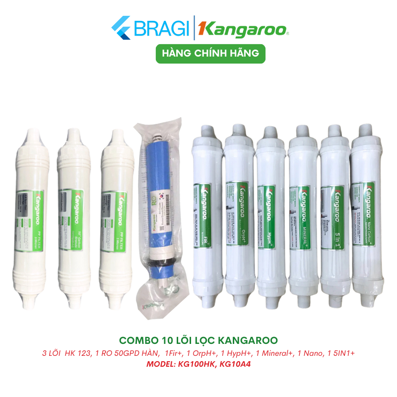 Combo 10 Lõi Lọc Nước Kangaroo Dòng Hydrogen Model KG10A4VTU, KG100HK Gồm 123 HK Màng RO Fir ...