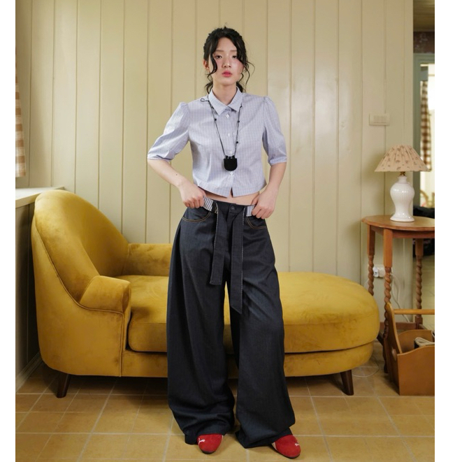 Kuchimachic - (Suzy Pants) Quần suông chỉ nổi kèm thắt lưng chất liệu ...