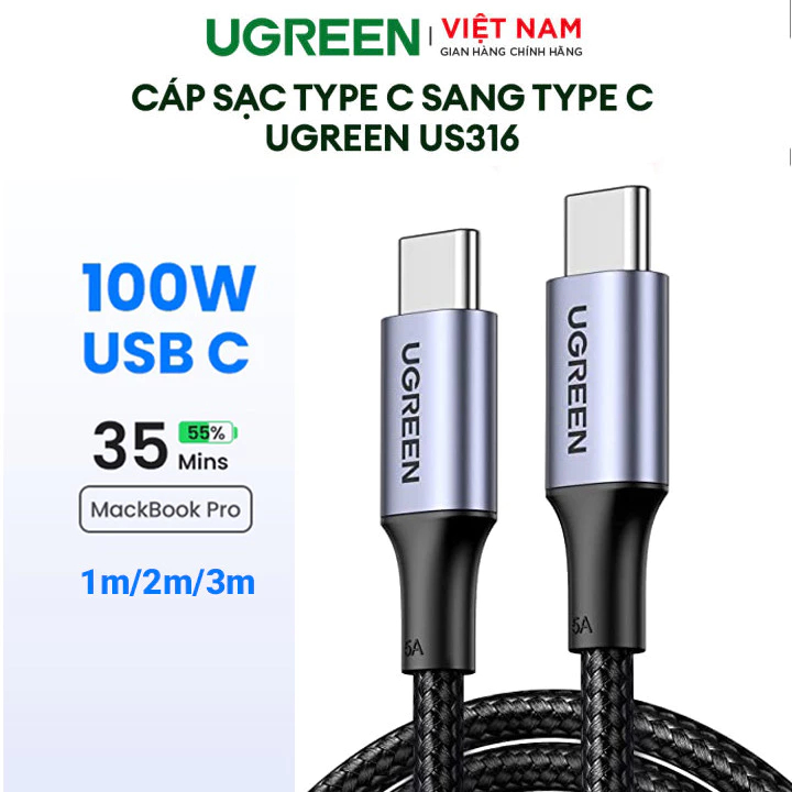 [Hot] Cáp sạc nhanh Type-C Ugreen 100W 60W C to C 0,5m 1m 2m bọc nylon Ugreen US316 US261 cao ...