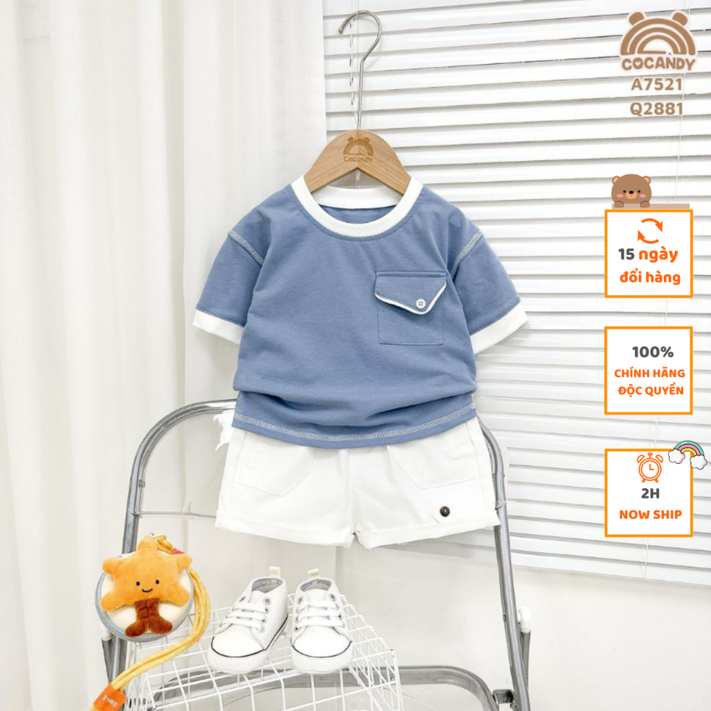 Set cho bé -Áo cộc XANH GHI phối viền TRẮNG túi ngực và Quần cộc TRẮNG ...