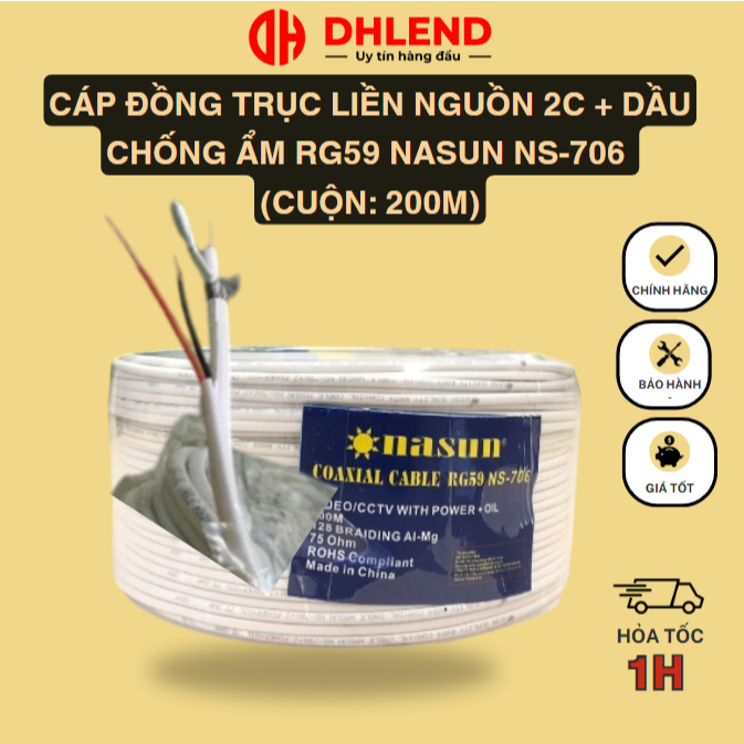CÁP ĐỒNG TRỤC LIỀN NGUỒN 2C + DẦU CHỐNG ẨM RG59 Nasun NS-706 (cuộn ...