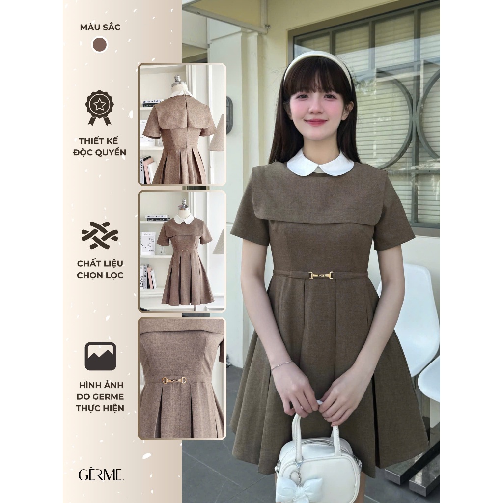 GERME|DESIGN Đầm nữ Vertean Dress xếp ly phối yếm, Váy nữ công sở sang chảnh cổ trắng phối khuy ...