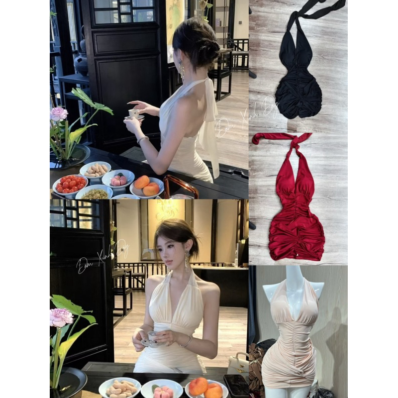 đầm cột cổ ngắn nhún hông Ahi | Shopee Việt Nam