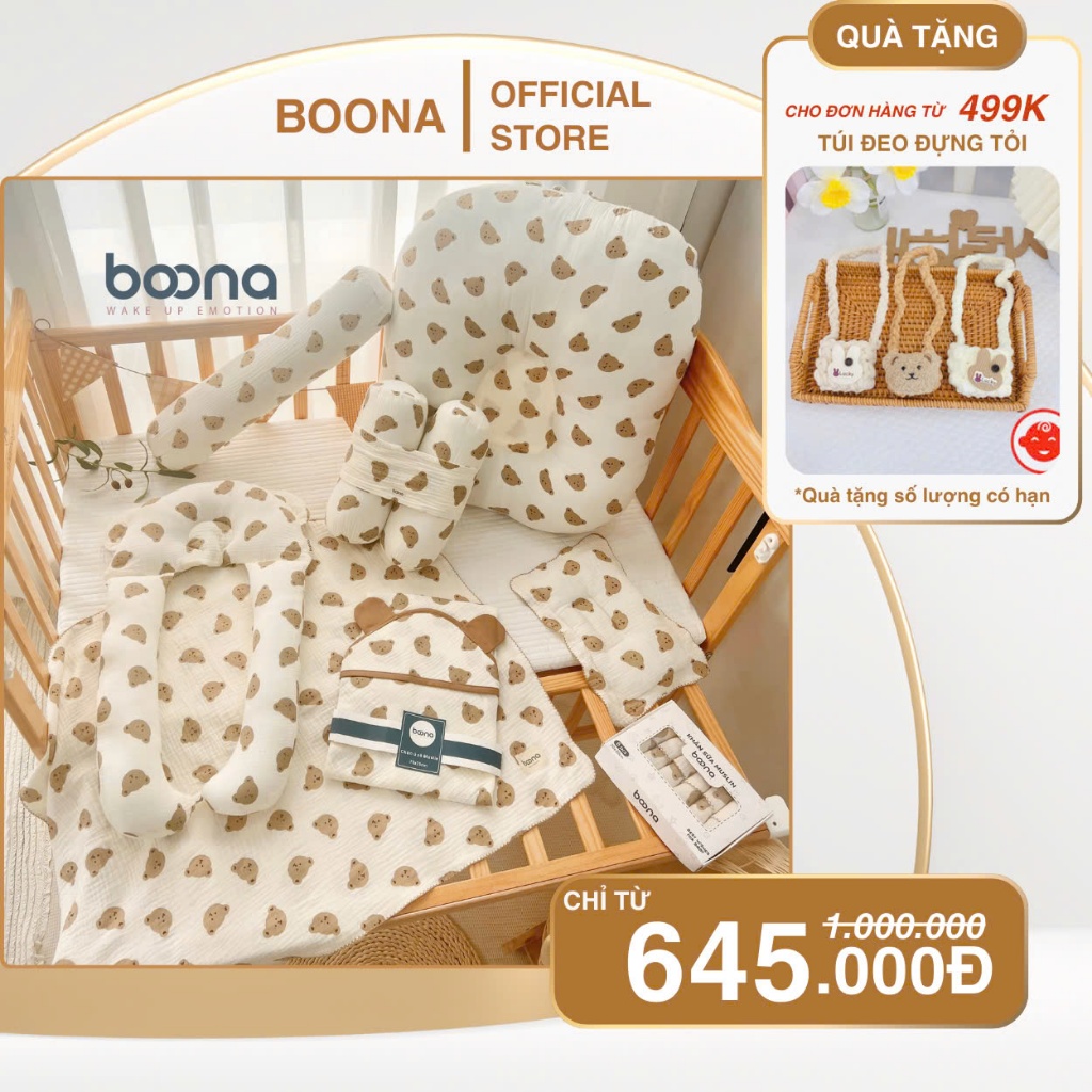 Combo sơ sinh cho bé trai, bé gái Boona gồm 8 sản phẩm Muslin cao cấp đệm chống trào, gối ôm ...