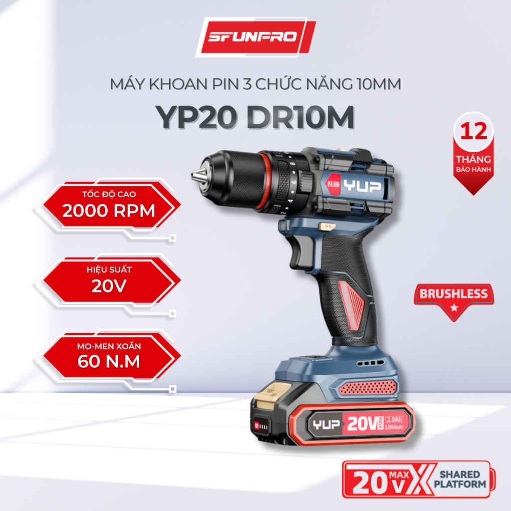 Máy Khoan Pin 10MM 3 Chức Năng YP20 DR10M YUPAI - Khoan, Bắt Vít, Đảo Chiều, Pin Xả Cao, Bảo ...