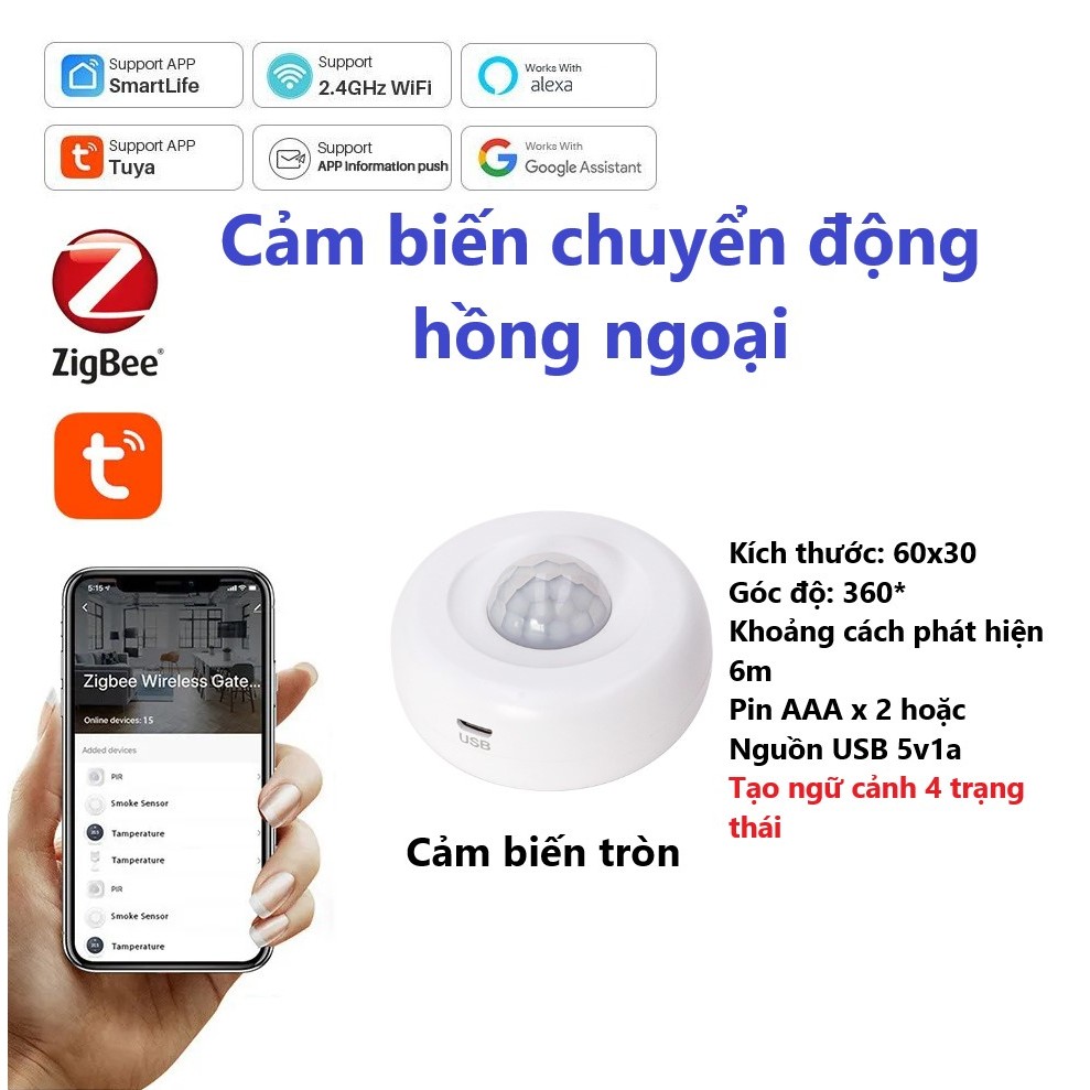 Cảm biến PIR phát hiện chuyển động, Zigbee, App Tuya Smart / Smart Life ...