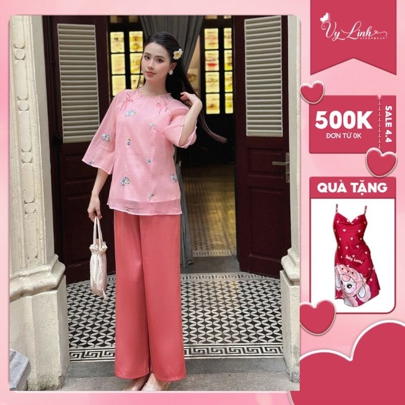 Bộ lam tơ nhăn thêu hoa Vy Linh chất liệu voan thêu phối quần latin thoáng mát, thấm hút mồ hôi ...