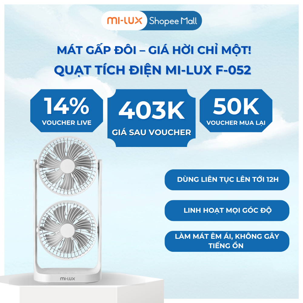 Quạt Tuần Hoàn Không Khí Mi-Lux F-052 – Sạc Nhanh Type-C, Xoay 360°, 3 Cấp Gió. | Shopee Việt Nam