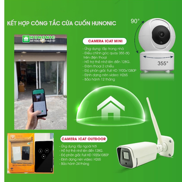 [Tặng đế xoay] Camera Wifi Thông Minh liên kết cửa cuốn Hunonic ICat Indoor, Xoay 355 Độ, Màu ...