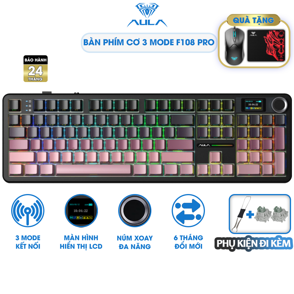 Bàn Phím Cơ AULA F108 PRO Không Dây Fullsize Màn Hình LCD Âm Gõ Hifi ...