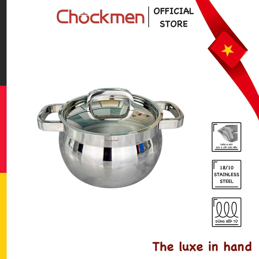 Nồi CHOCKMEN Size 18-20-24cm Inox 18/10 Nồi Inox Quai Vuông Có Vạch Đo Nước Nắp Inox Nồi Nấu ...