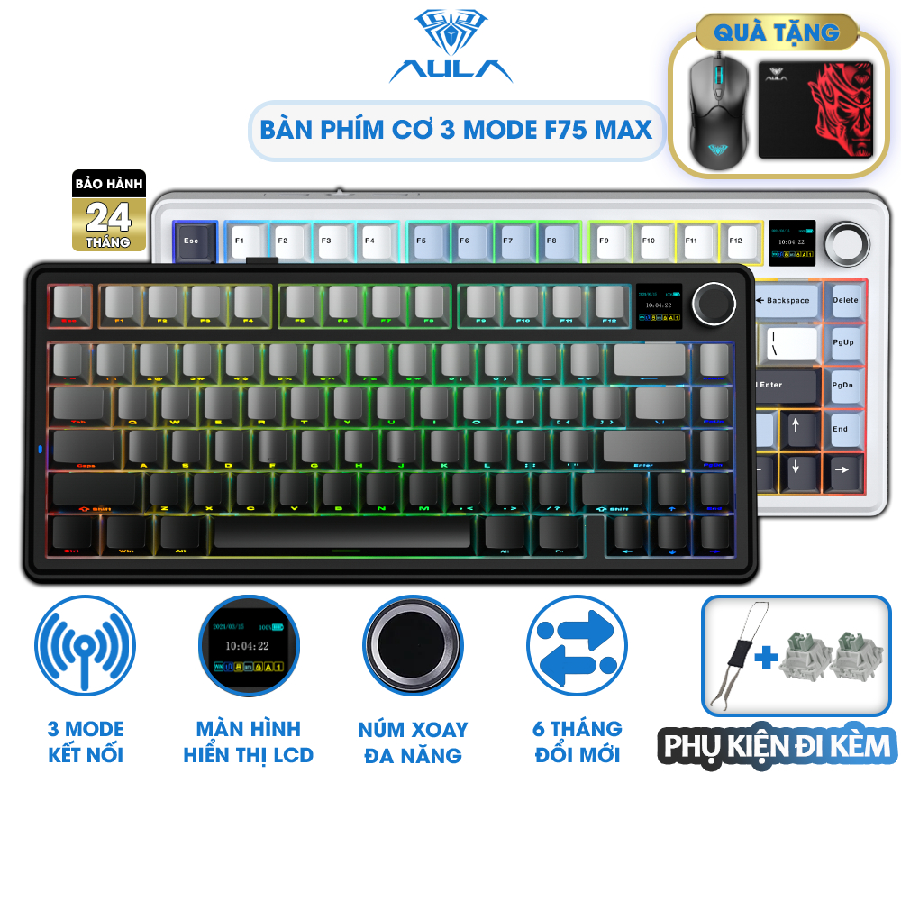 Bàn Phím Cơ Không Dây AULA F75 MAX Có Màn Hình LCD Hỗ Trợ Hotswap LED ...