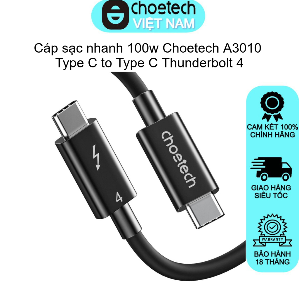 Cáp sạc nhanh 100w Choetech A3010 Type C to Type C Thunderbolt 4 (Hàng ...