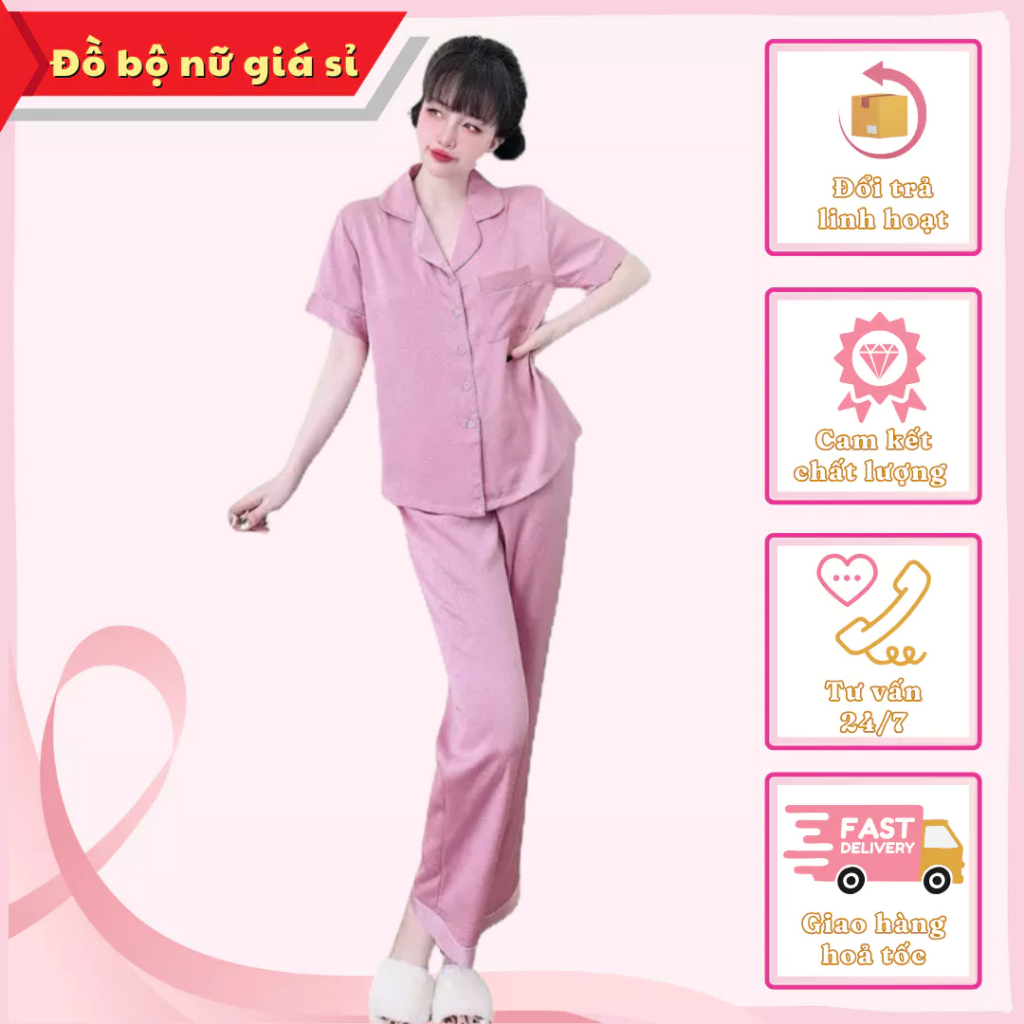 Đồ bộ nữ - Đồ bộ pijama lụa Ruby quần dài tay ngắn đơn giản mặc sang ...