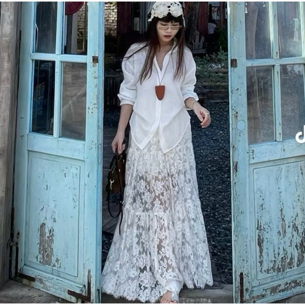 Chân váy maxi ren đi biển dáng chữ A cạp chun ren chân váy ren xòe dáng ...