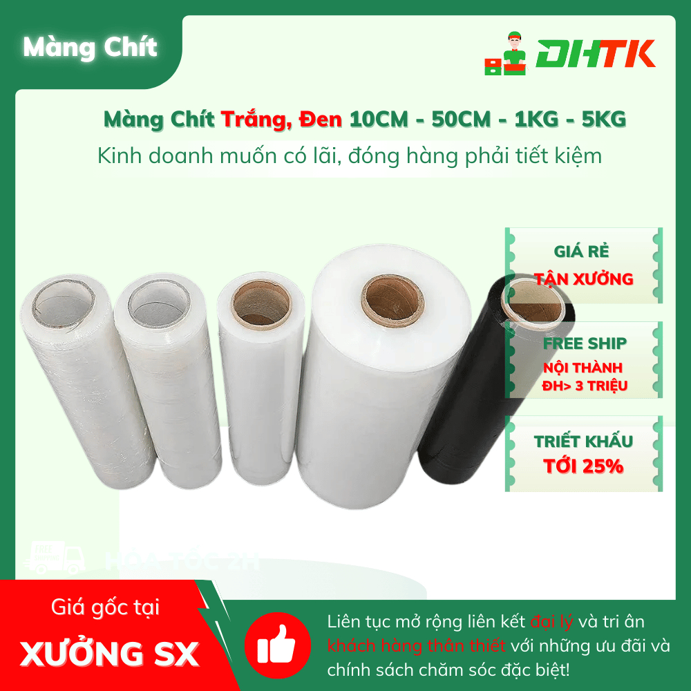 Màng PE, Màng Chít Quấn hàng đen, trắng 10, 20, 35, 50cm nặng 1kg, 2kg, 5kg lõi mỏng 0.5kg ...