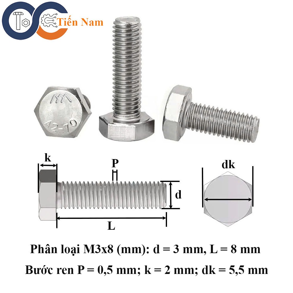 Bu lông lục giác ngoài ren suốt DIN 933 inox 304 M3x8 - túi 50 con | Shopee Việt Nam