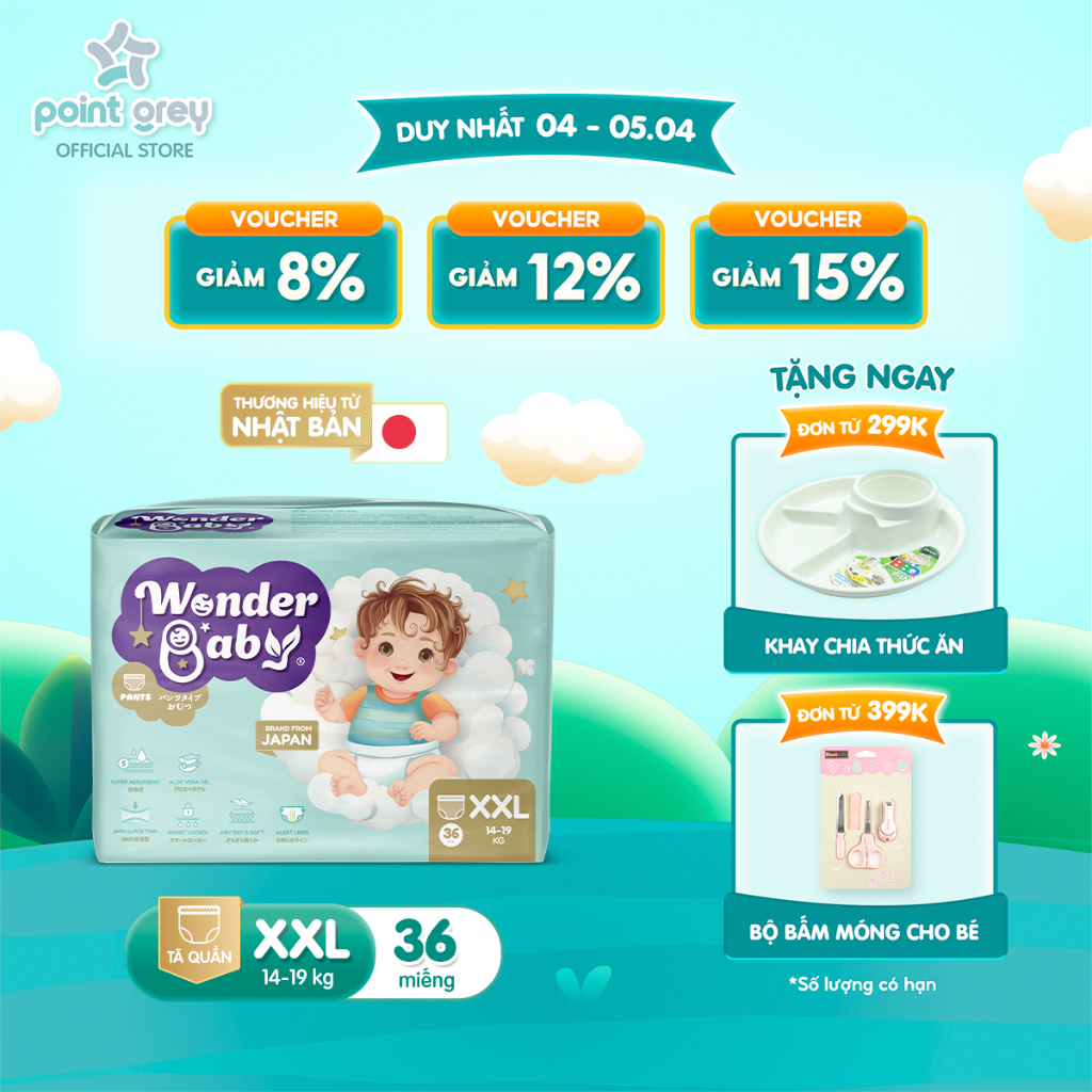 Tã quần Nhật Bản Wonder Baby, 5 lớp siêu thấm hút, size XXL (36 miếng ...
