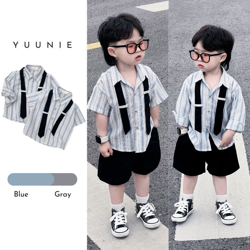 Áo sơ mi bé trai kèm cà vạt kẻ sọc trend hàn quốc Y25A03, Áo sơ mi cho ...