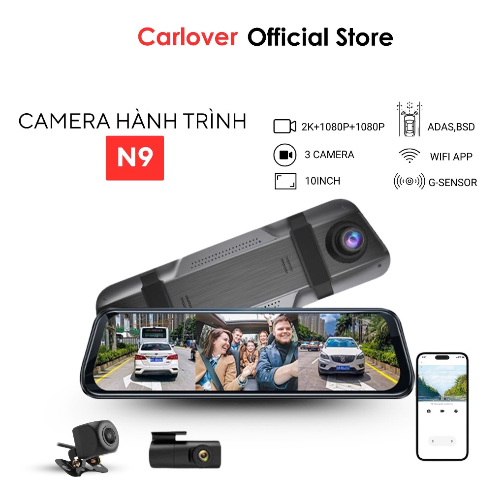 Camera hành trình gương N9 CARLOVER, Cảm ứng Full màn hình 10 inch, Đầy ...