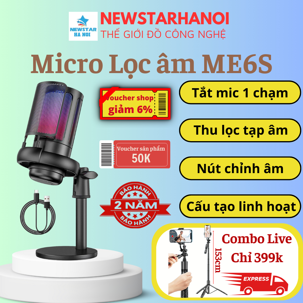 Mic ME6S lọc âm giá rẻ, Mic thu âm, livestream có đèn led RGB, màng lọc ...