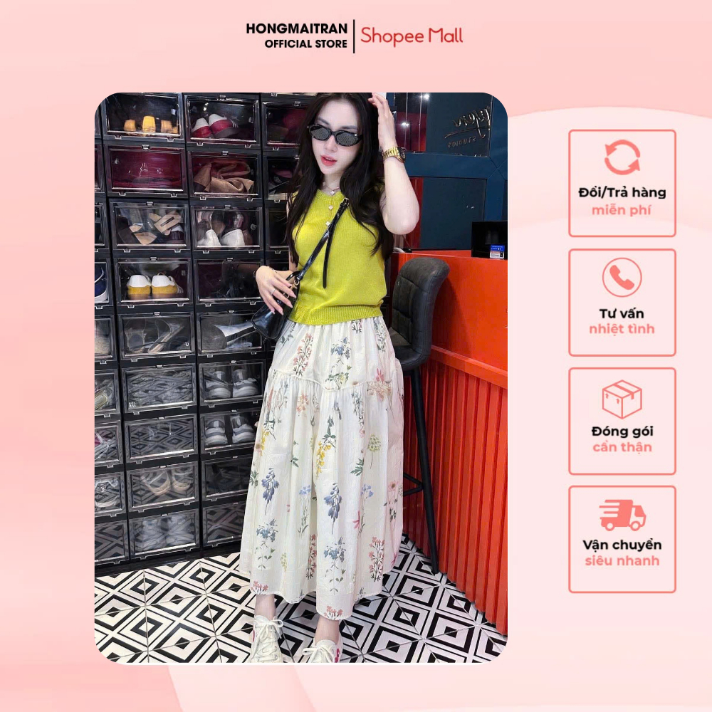 Set đồ nữ áo thun kết hợp chân váy họa tiết hoa xinh phong cách dịu dàng nữ tính HONG MAI TRAN ...
