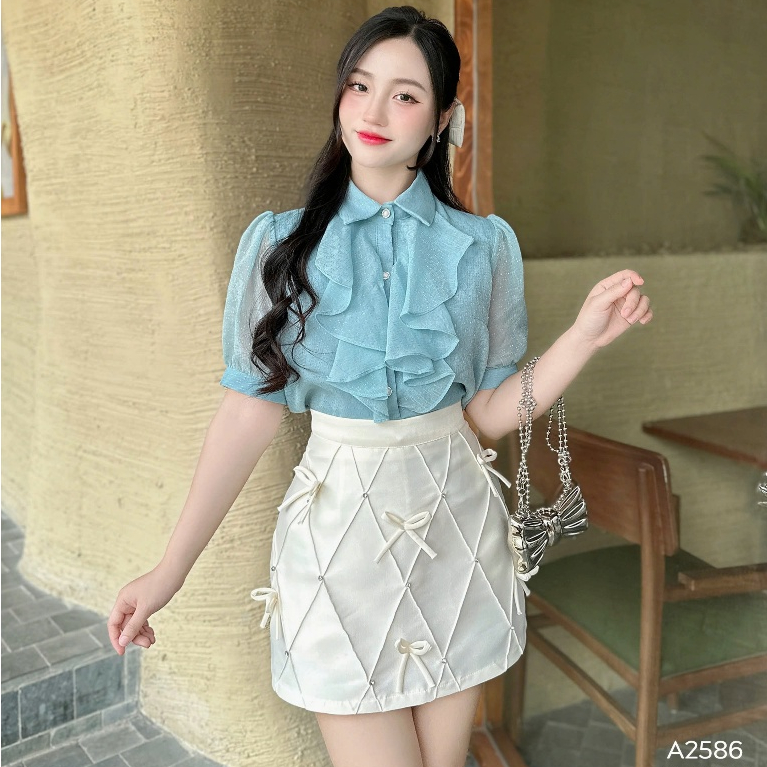 Áo sơ mi nữ cộc tay tơ hạt bèo cúc đá Hàn Quốc - A2586 Kymie | Shopee Việt Nam