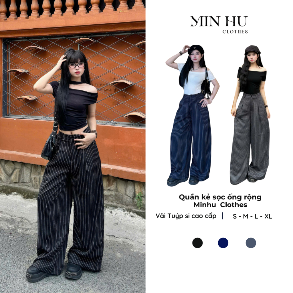 Quần kẻ sọc ống rộng Minhu Clothes, quần ống suông kẻ sọc màu đen ...