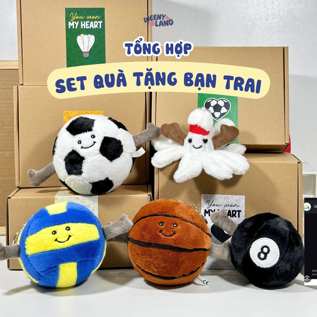 Set hộp quà cho bạn trai Gấu bông thể thao bóng đá, cầu lông, bida hỗ ...
