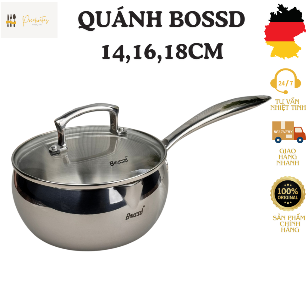 Quánh inox BOSSD 14,16,18cm, quánh BOSSD, nồi inox, quánh inox 3 lớp ...