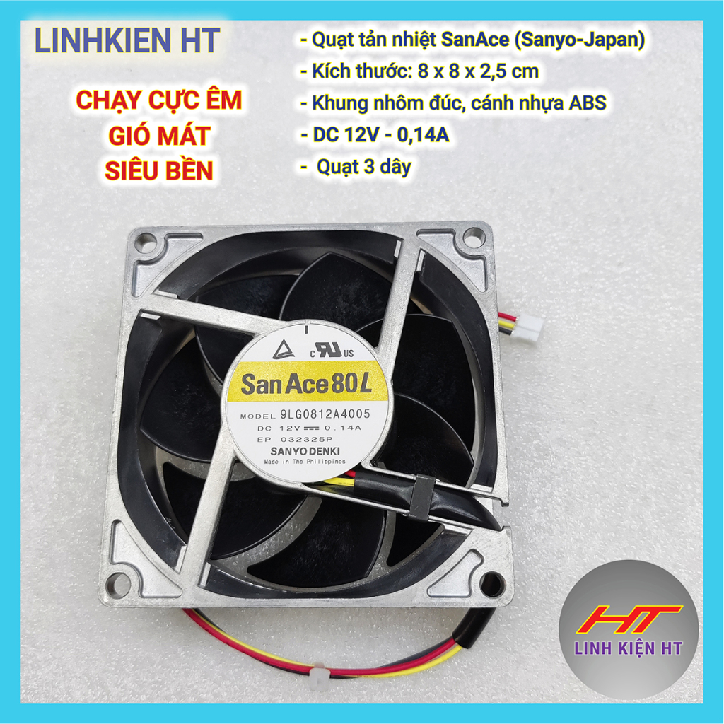 Quạt tản nhiệt 8cm SanACE 12V 0,14A 8x8x2,5 cm Hàng mới Thân nhôm Chạy ...
