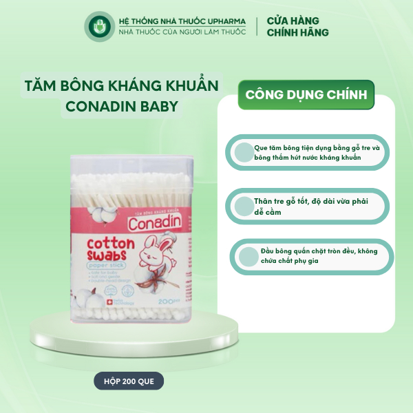 Tăm bông kháng khuẩn Conadin Baby mềm mại dành cho trẻ em (Hộp 200 que ...