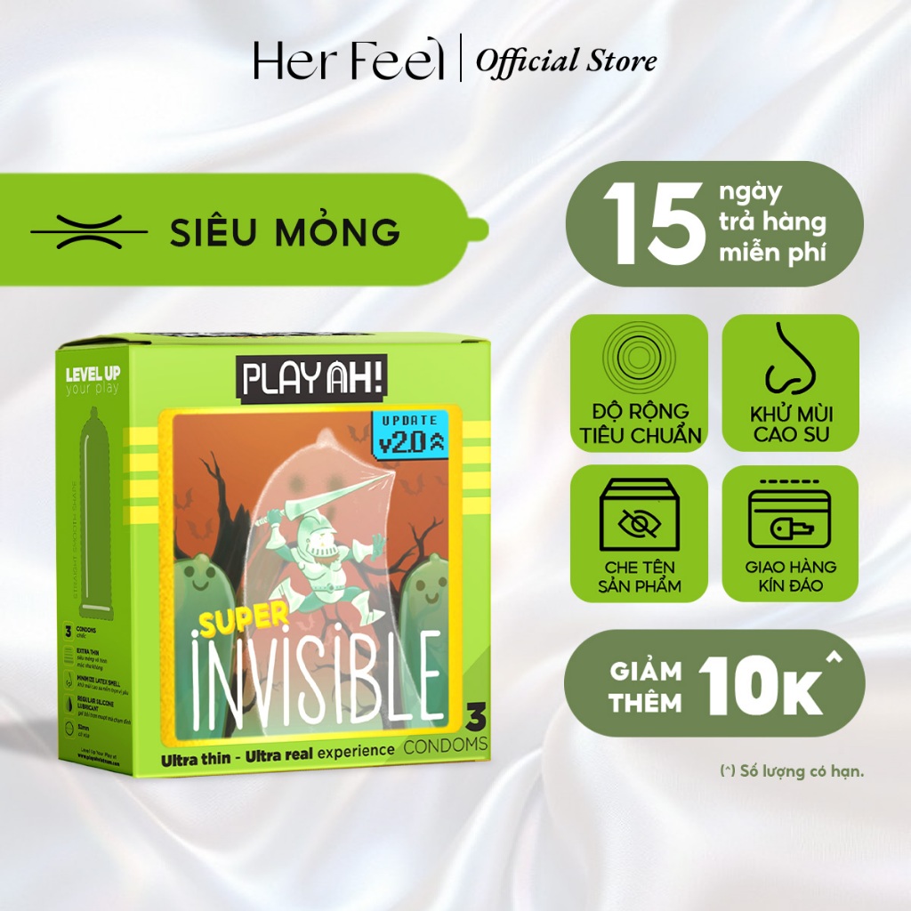 Bao Cao Su PlayAh Super Invisible Siêu Mỏng Hộp 3/10 size 52mm, nhiều ...