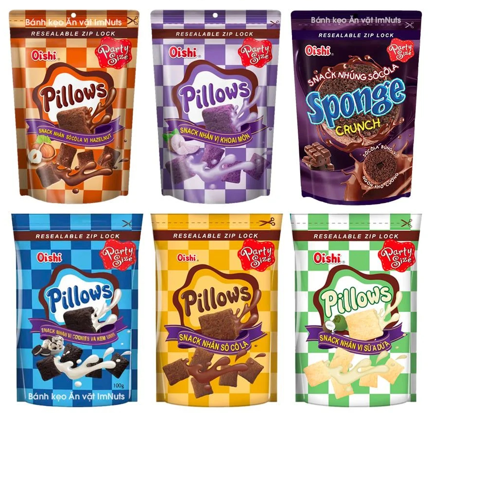 Thùng 20 gói bánh Pillows Oishi Snack nhân socola/ sữa dừa/ cookies ...