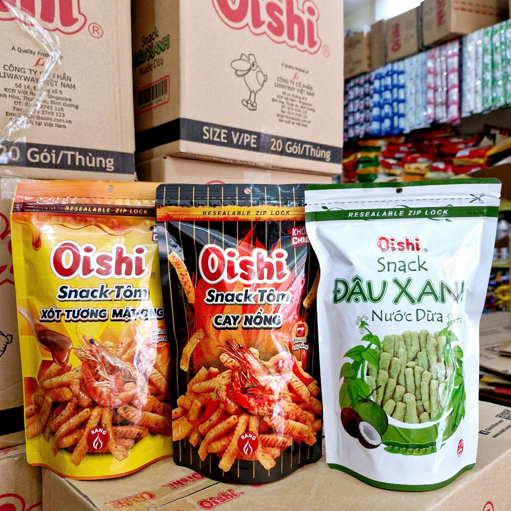 Snack Oishi Tôm Cay Nồng/Xốt Tương Mật Ong/Đậu Xanh Nước Dừa Túi Zip 65g | Shopee Việt Nam