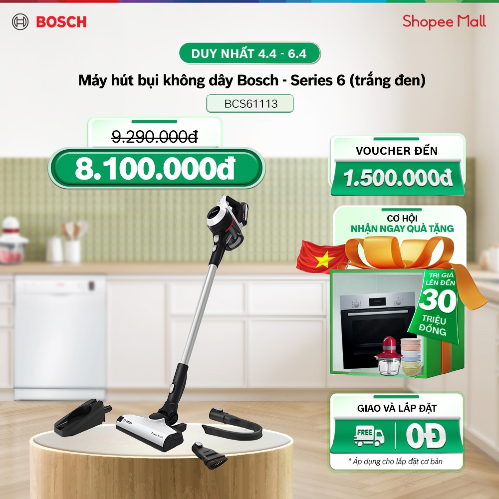 [15-17.04] Voucher Shopee đến 2TR | Máy hút bụi không dây Bosch BCS61113 - Series 6 (trắng đen ...