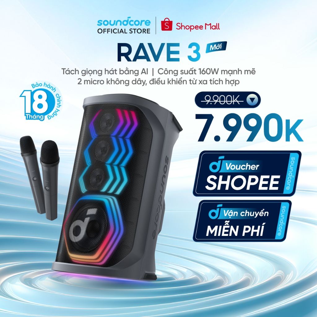 Loa bluetooth karaoke party soundcore Rave 3 | Công suất 160W | 2 mic không dây | Shopee Việt Nam