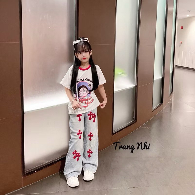 Sét quần jeans xuông thêu xù míc ao phông cho bé gái size đại 17-42kg xinh sang diện phố ...