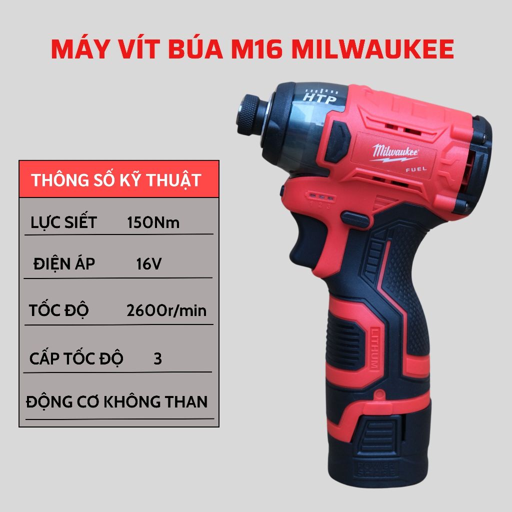 Máy chuyên vít búa Milwake M16, động cơ không chổi than, bộ 2 pin sạc ...