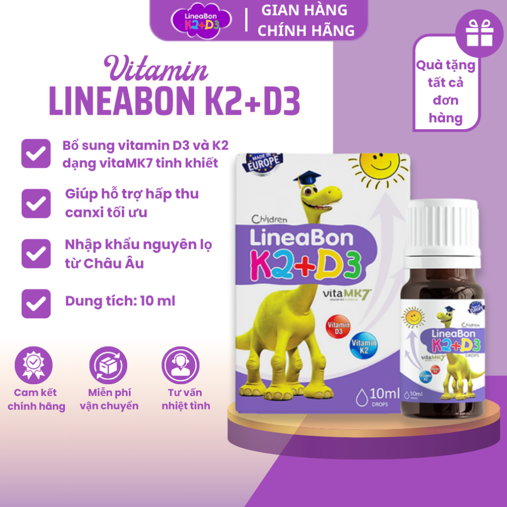 Lineabon K2 D3 Bổ Sung Vitamin D3 K2 Tăng Cường Hấp Thu Canxi Tối Đa Trẻ Cao Lớn Khỏe Mạnh, Hộp ...